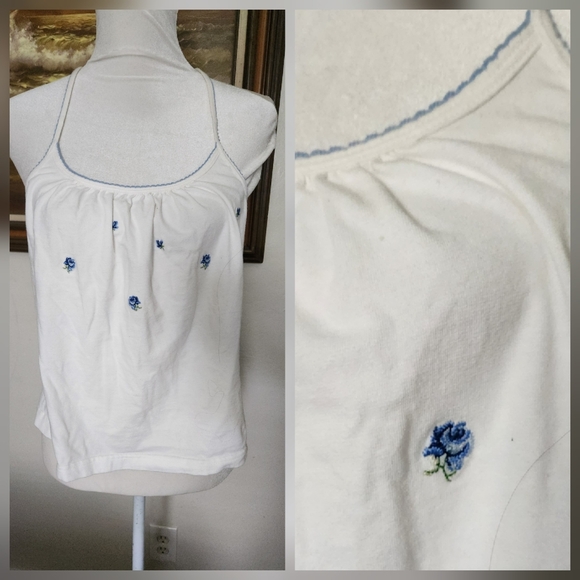 High Sierra | Tops | Vintage 99s White Cotton Blue Flower Embroidered ...